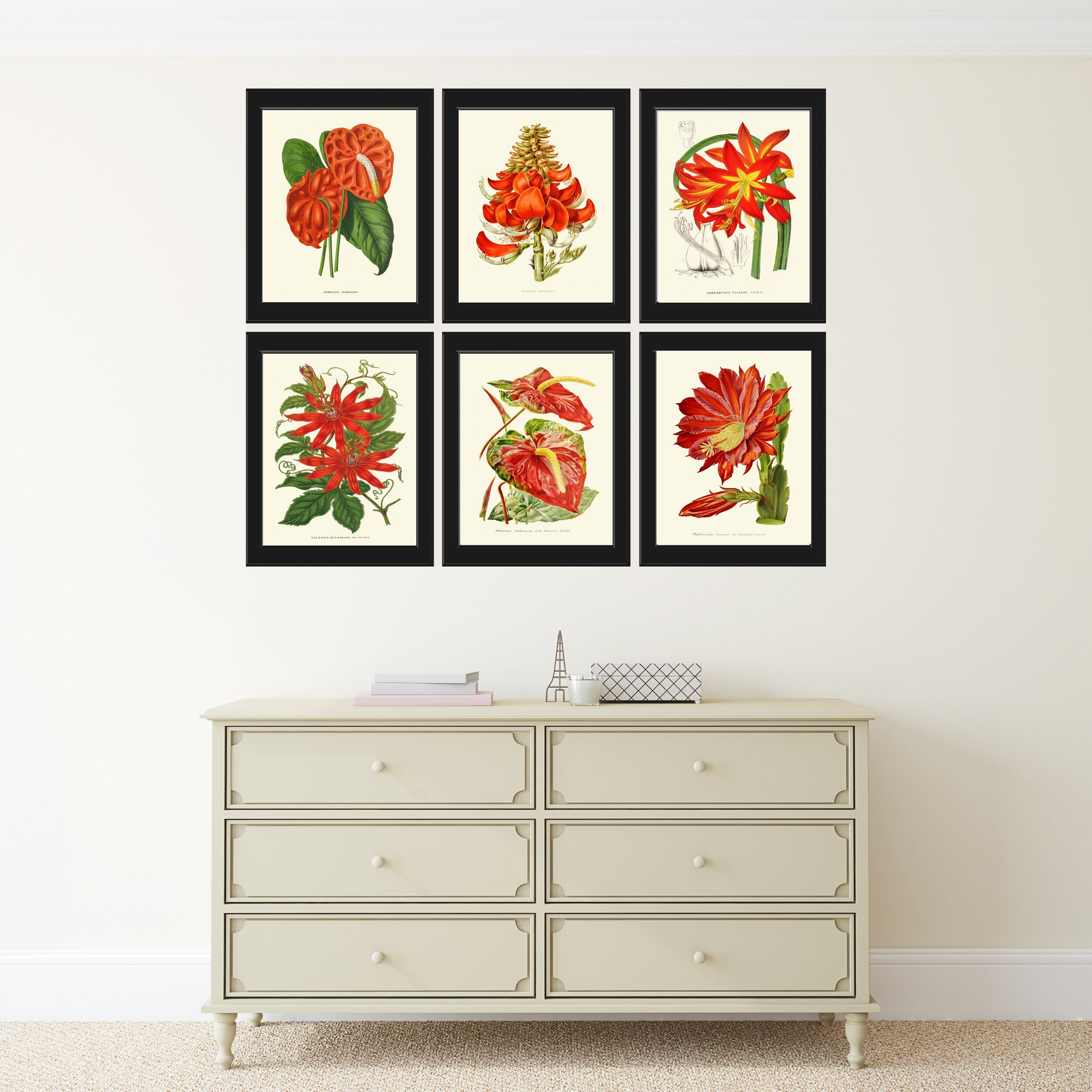 Red Flowers Botanical Print Wall Art Home Decor Set of 6 | Etsy
