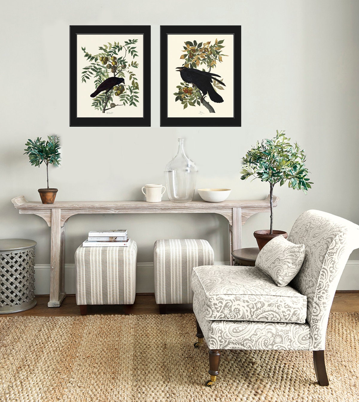 Audubon Crow and Raven Birds Print Set of 2 Beautiful Antique Vintage ...
