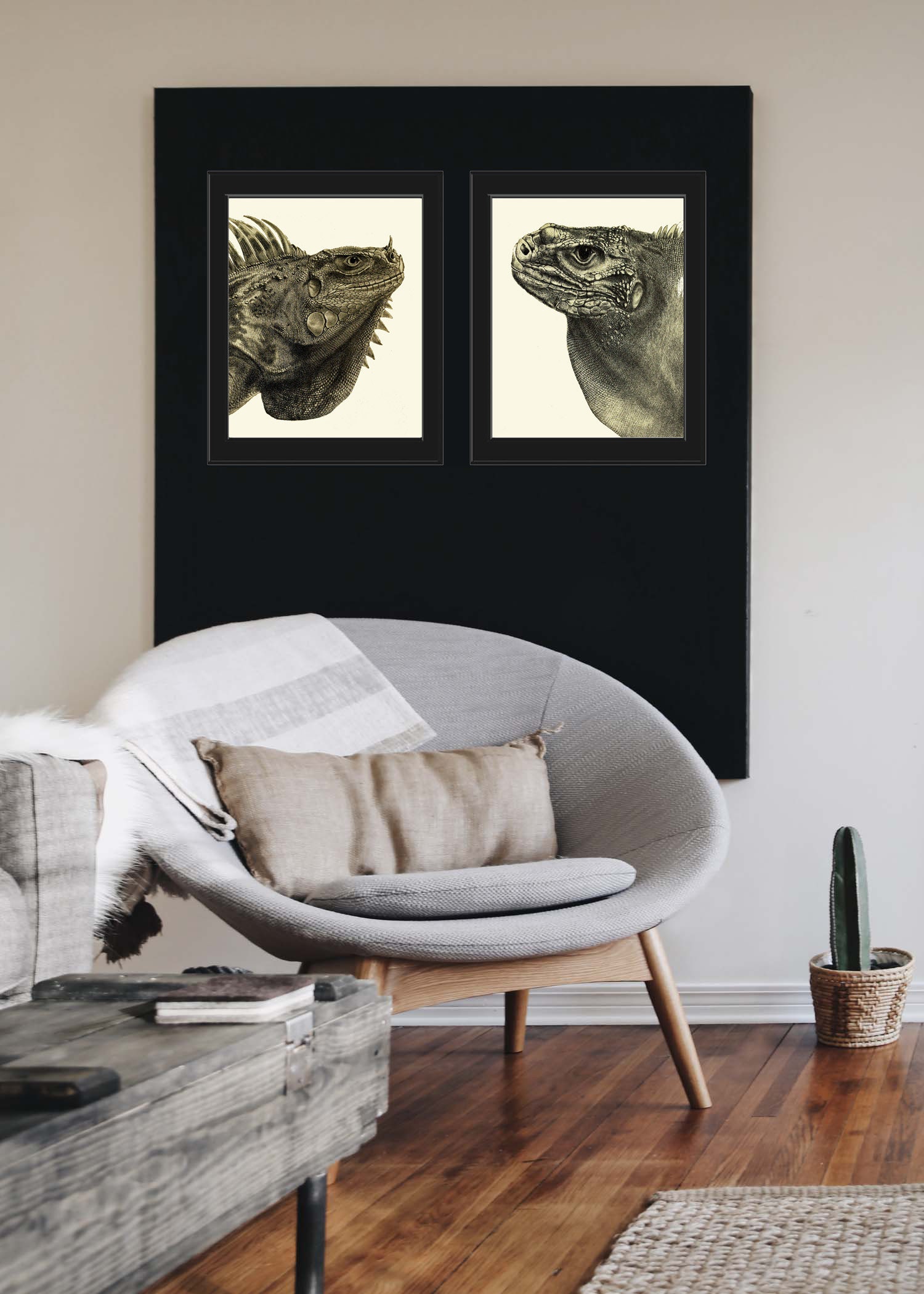 Iguana Print Set of 2 Beautiful Antique Vintage Lizards Tropical Nature ...