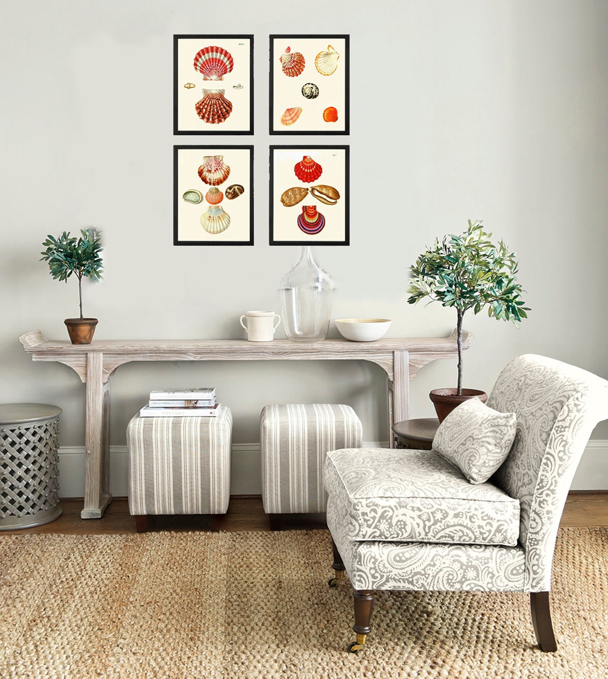 Red Seashell Print Bathroom Wall Art KG14 Beautiful Antique - Etsy