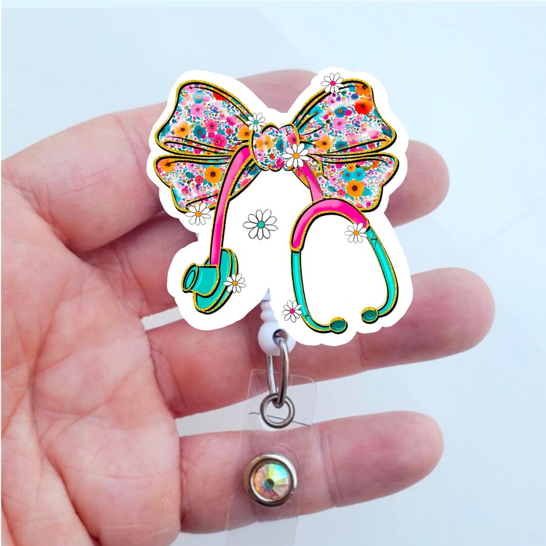 Coquette Pink Floral Stethoscope Badge Reel | Coquette Bow Badge ...