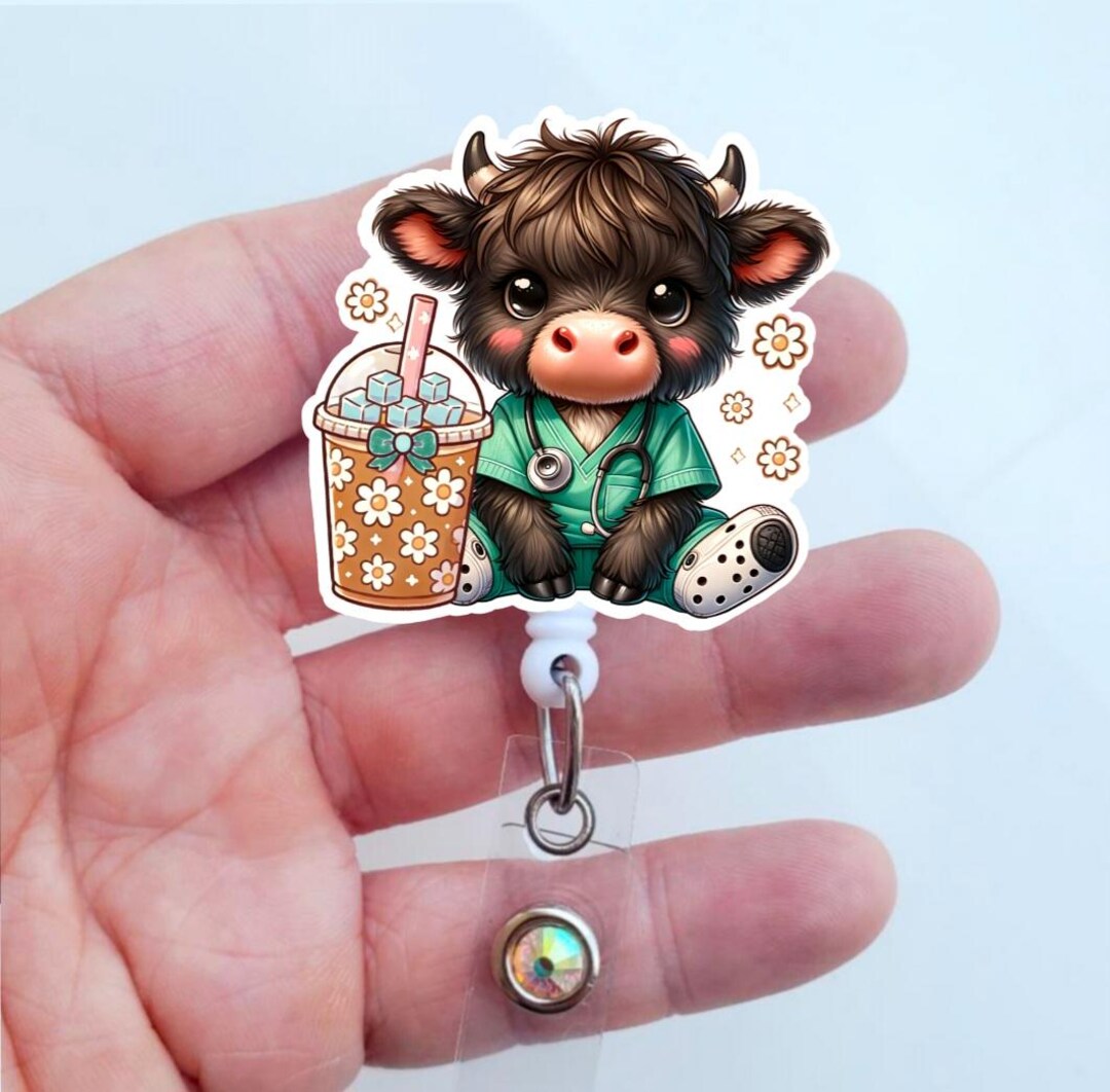 Highland Cow in Scrubs Badge Reel | Cow With Iced Coffee Badge Reel ...