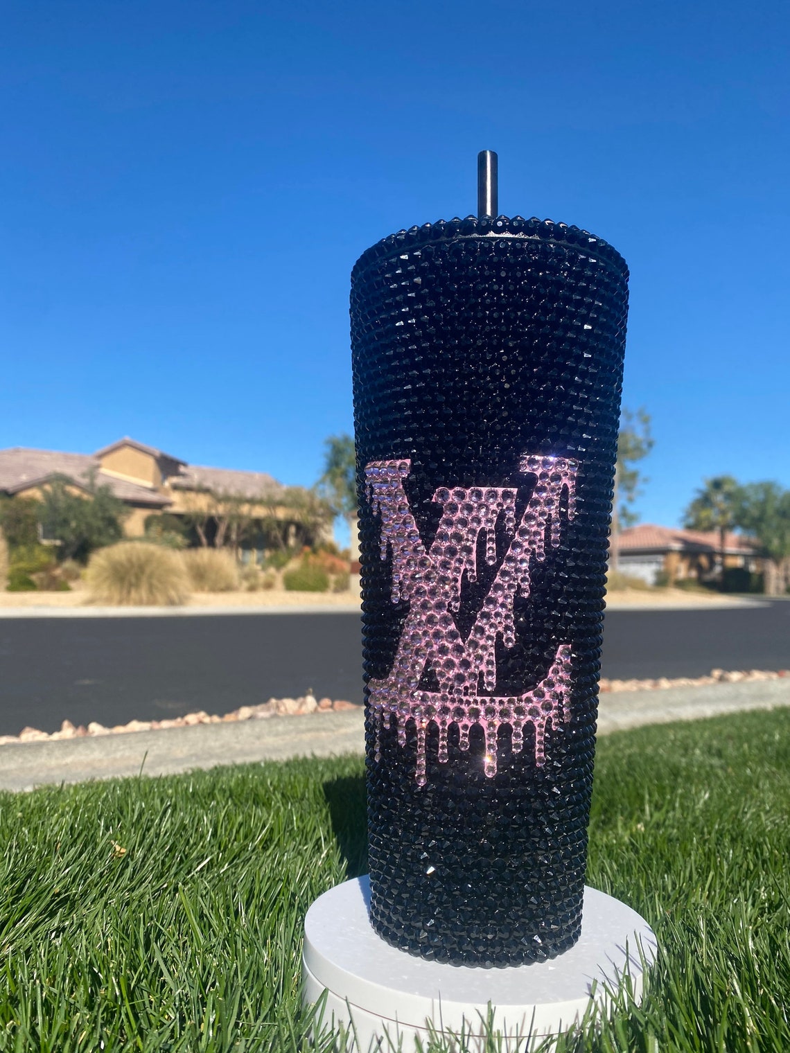 Custom Drip Logo and Name Starbucks Rhinestone Black & Pink 24 Oz ...