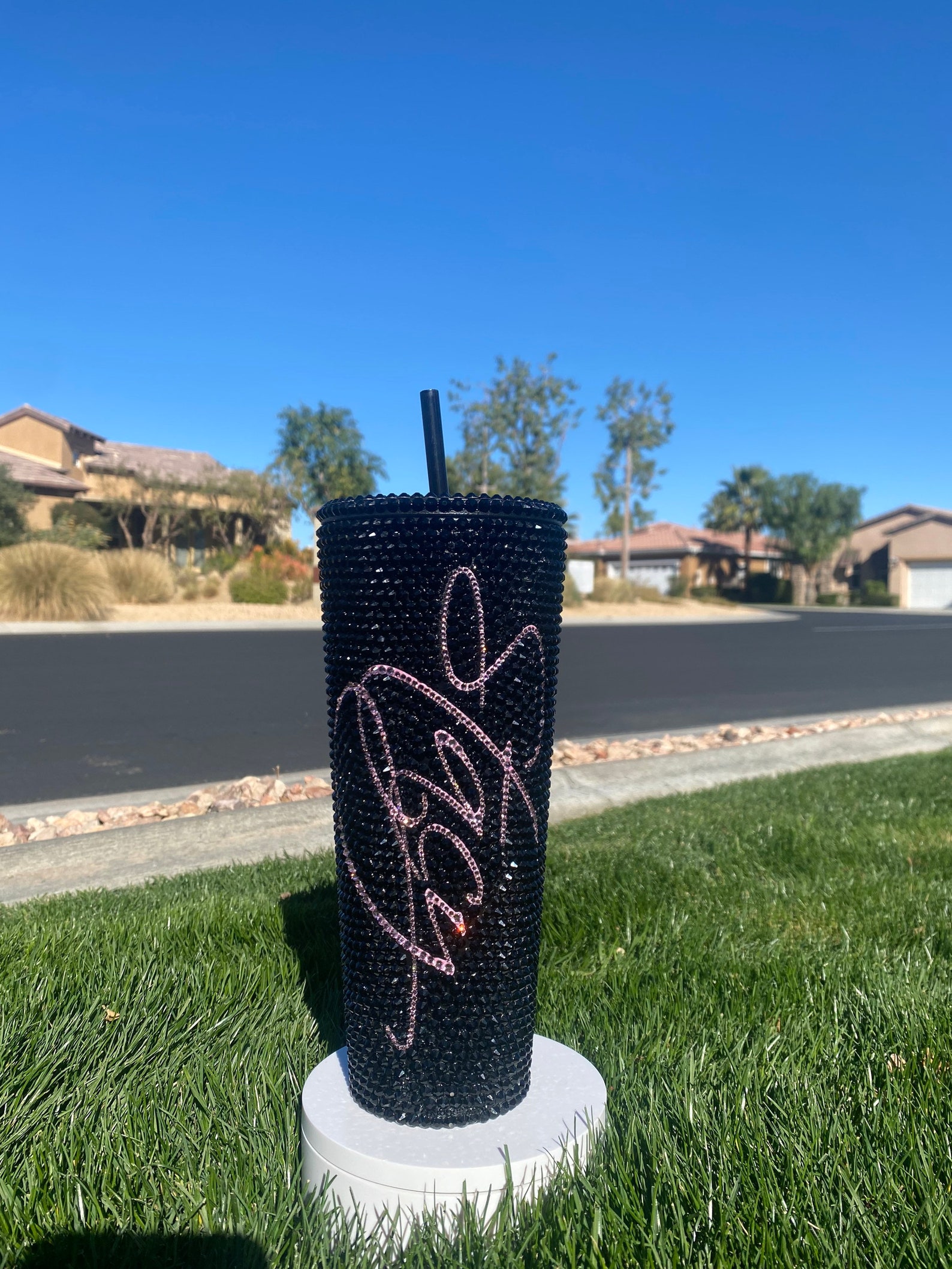 Custom Drip Logo and Name Starbucks Rhinestone Black & Pink 24 Oz ...