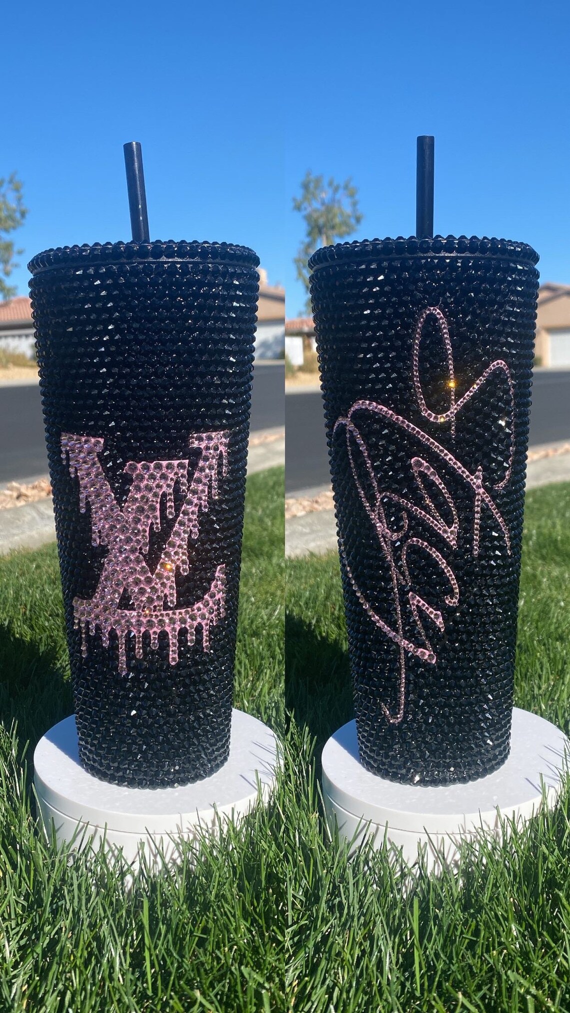 Custom Drip Logo and Name Starbucks Rhinestone Black & Pink 24 Oz ...
