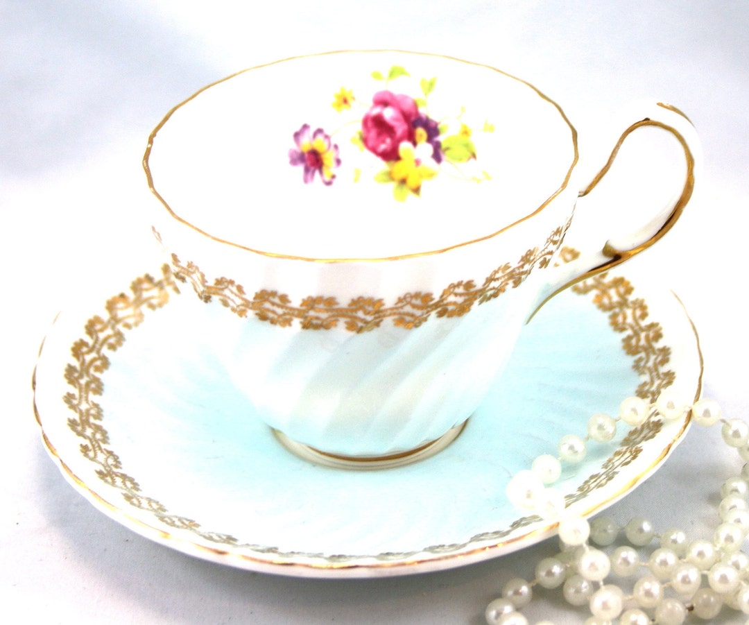 E.B Foley Floral Duo, Aqua Blue Swirled Borders, Gold Rims, Bone ...