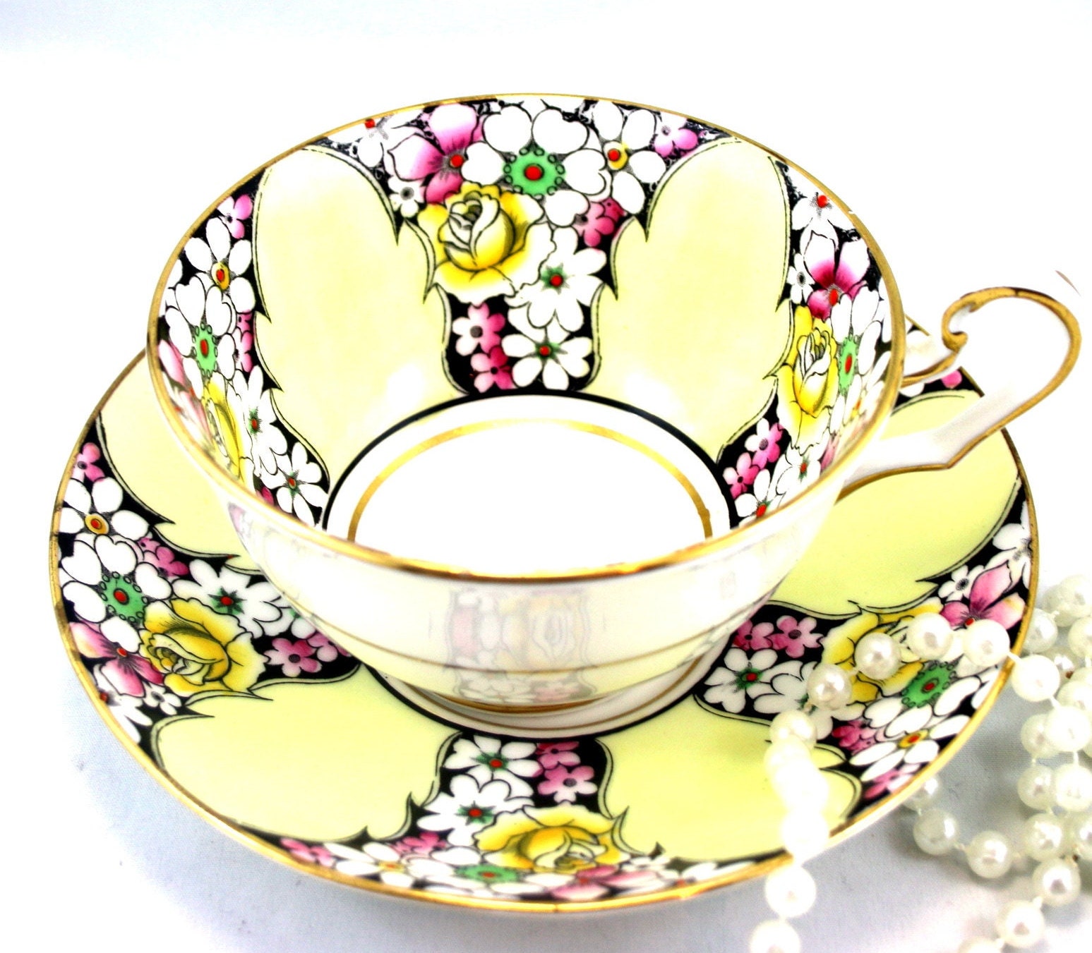 Home & Living Florette Pattern Victoria Art Deco Cup & Saucer Bone ...