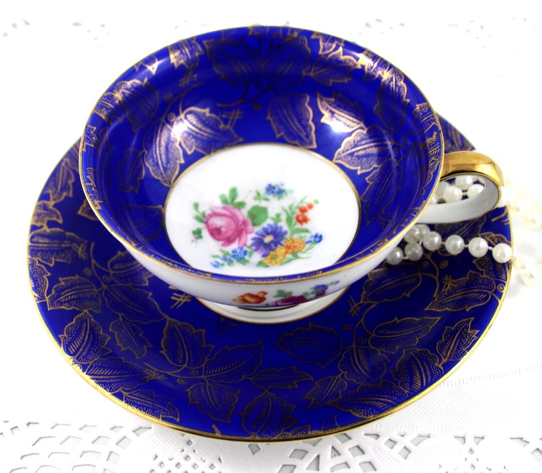 Beautiful Floral Duo, Navy Blue Gilded Border, Wide Mouth, Gold Rims ...