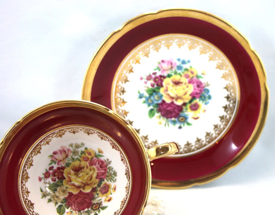 Vintage Stanley Bone China Tea Cup Duo: Burgundy Floral, Gilded Borders ...