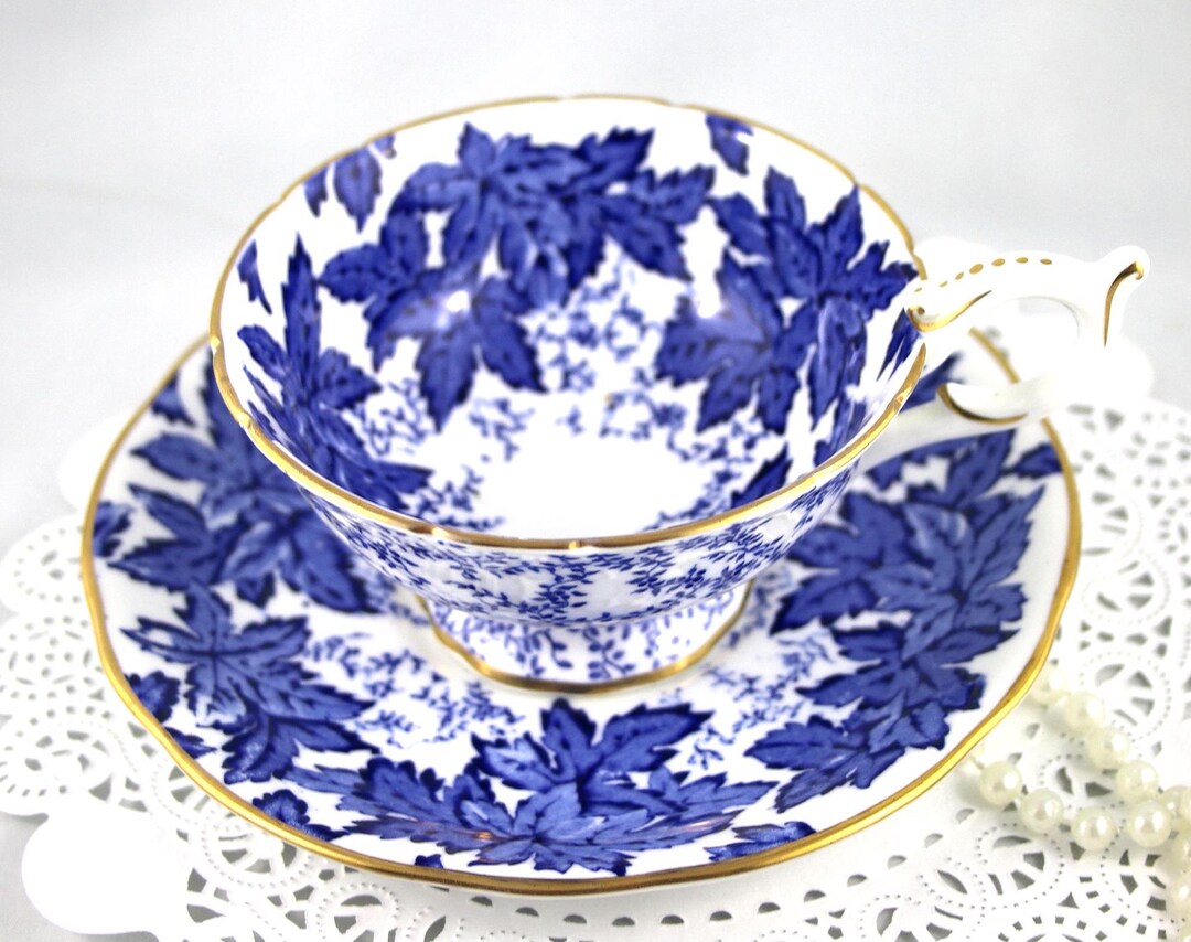 Coalport Beautiful Floral Duo, Navy Blue Leaf Theme, Gold Rims, Bone ...