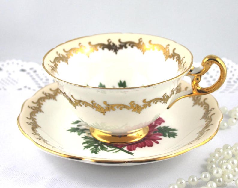 E.B Foley Floral Bone China Tea Cup Duo: Gold Gilded, 1960s English ...