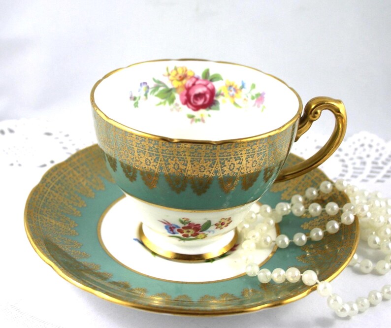 Hammersley Floral Bone China Duo: Green Gilded English Cup and Saucer ...