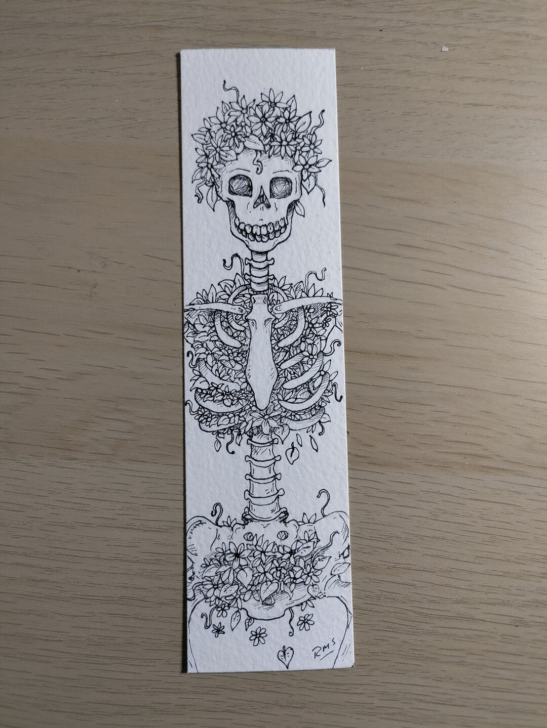 Skeleton Floral Hand Drawn Inked Bookmark Flowers Bones Forest Horror ...