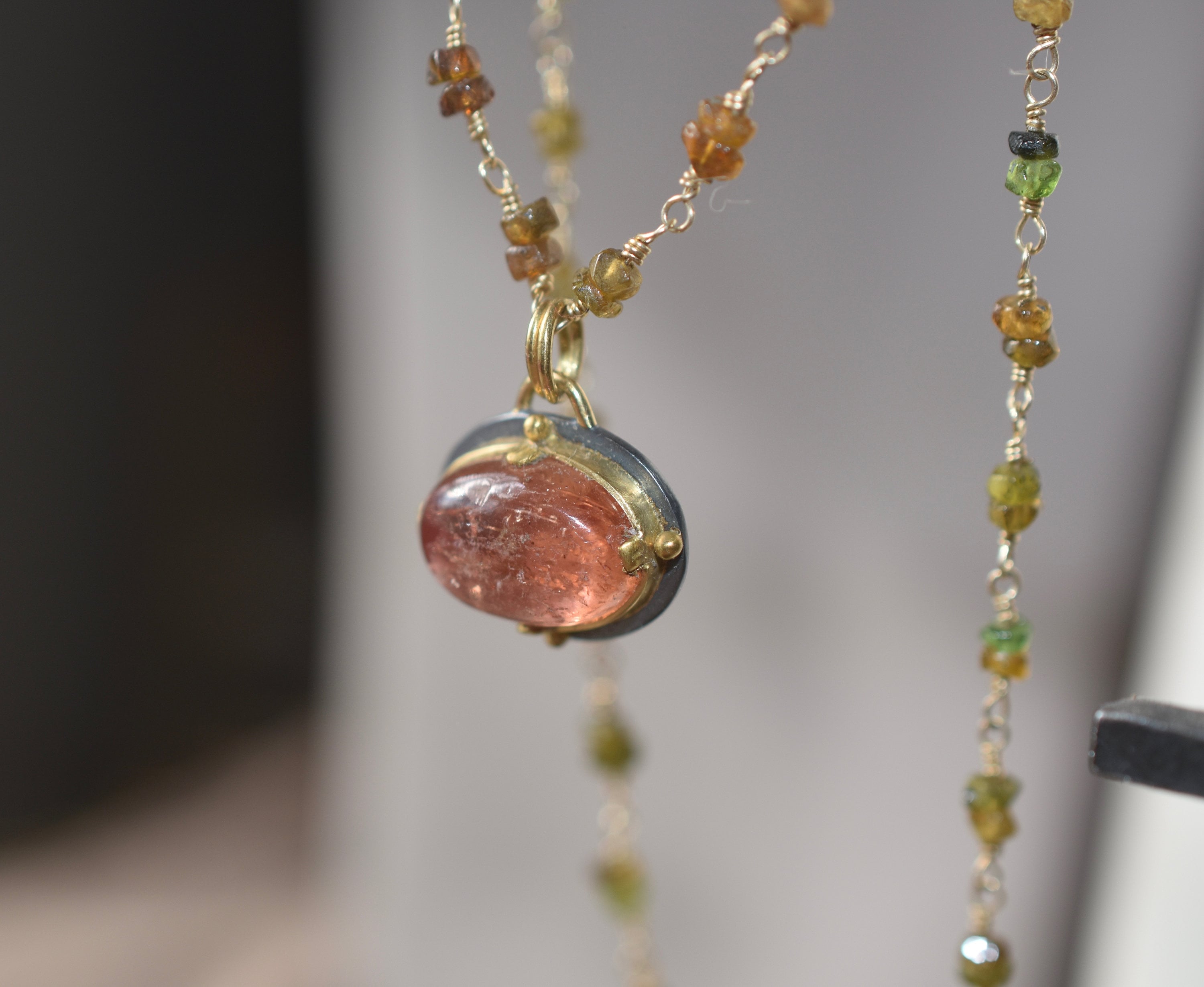 Strawberry Tourmaline Set in 22K Gold and Silver Pendant Suspended From ...