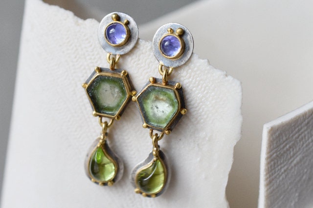 Watermelon Tourmaline, Peridot, Iolite Earrings - Etsy