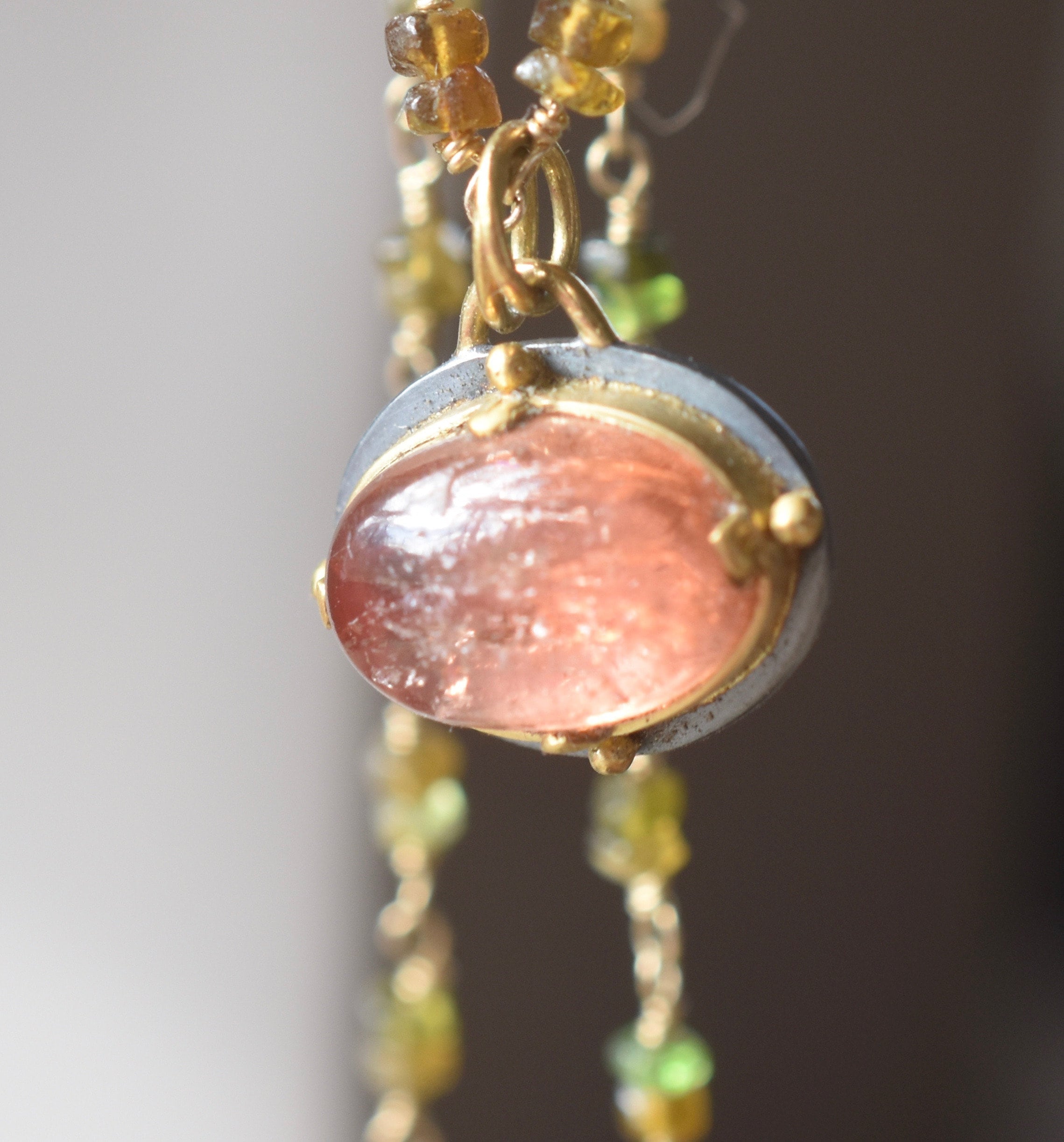 Strawberry Tourmaline Set in 22K Gold and Silver Pendant Suspended From ...