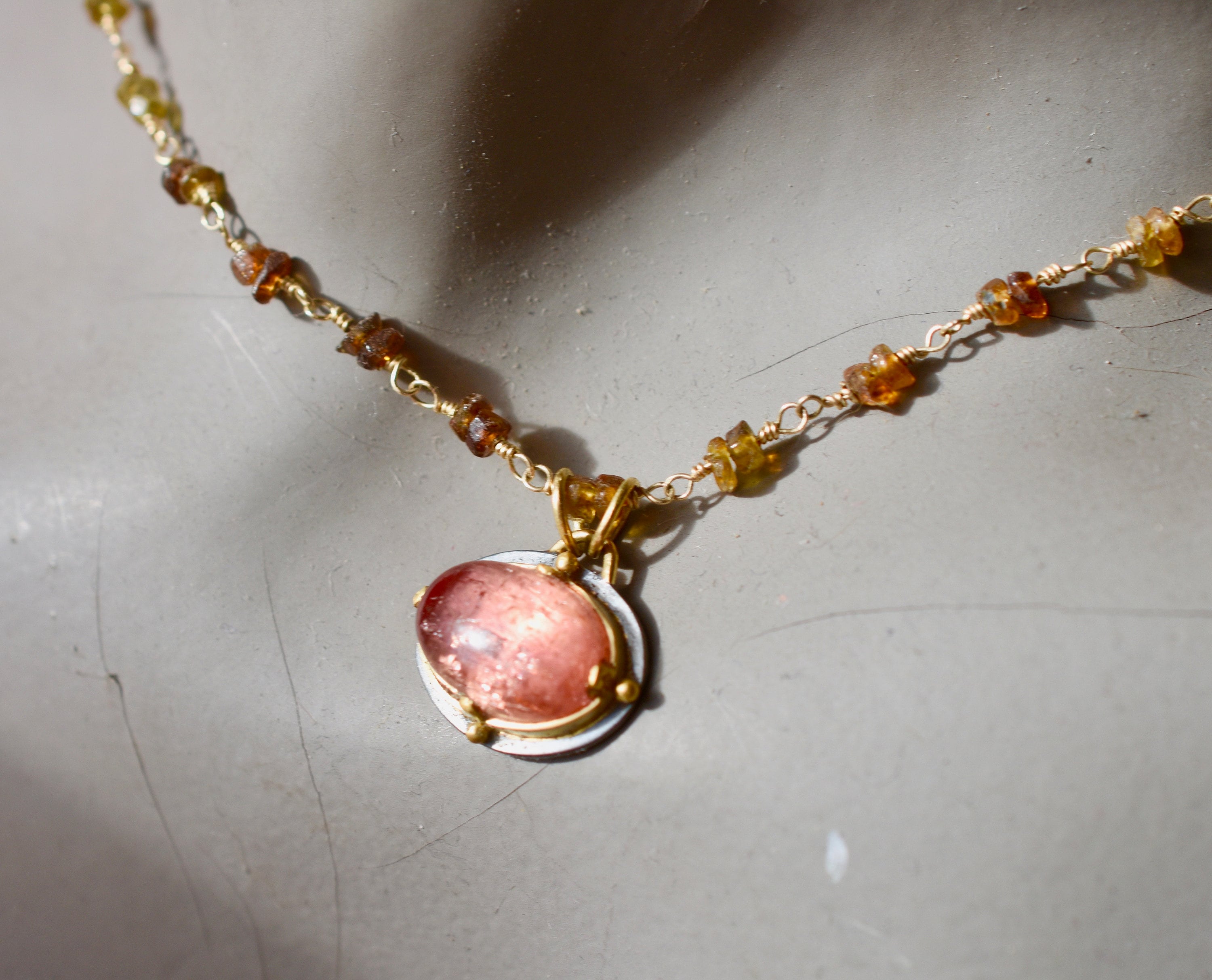 Strawberry Tourmaline Set in 22K Gold and Silver Pendant Suspended From ...