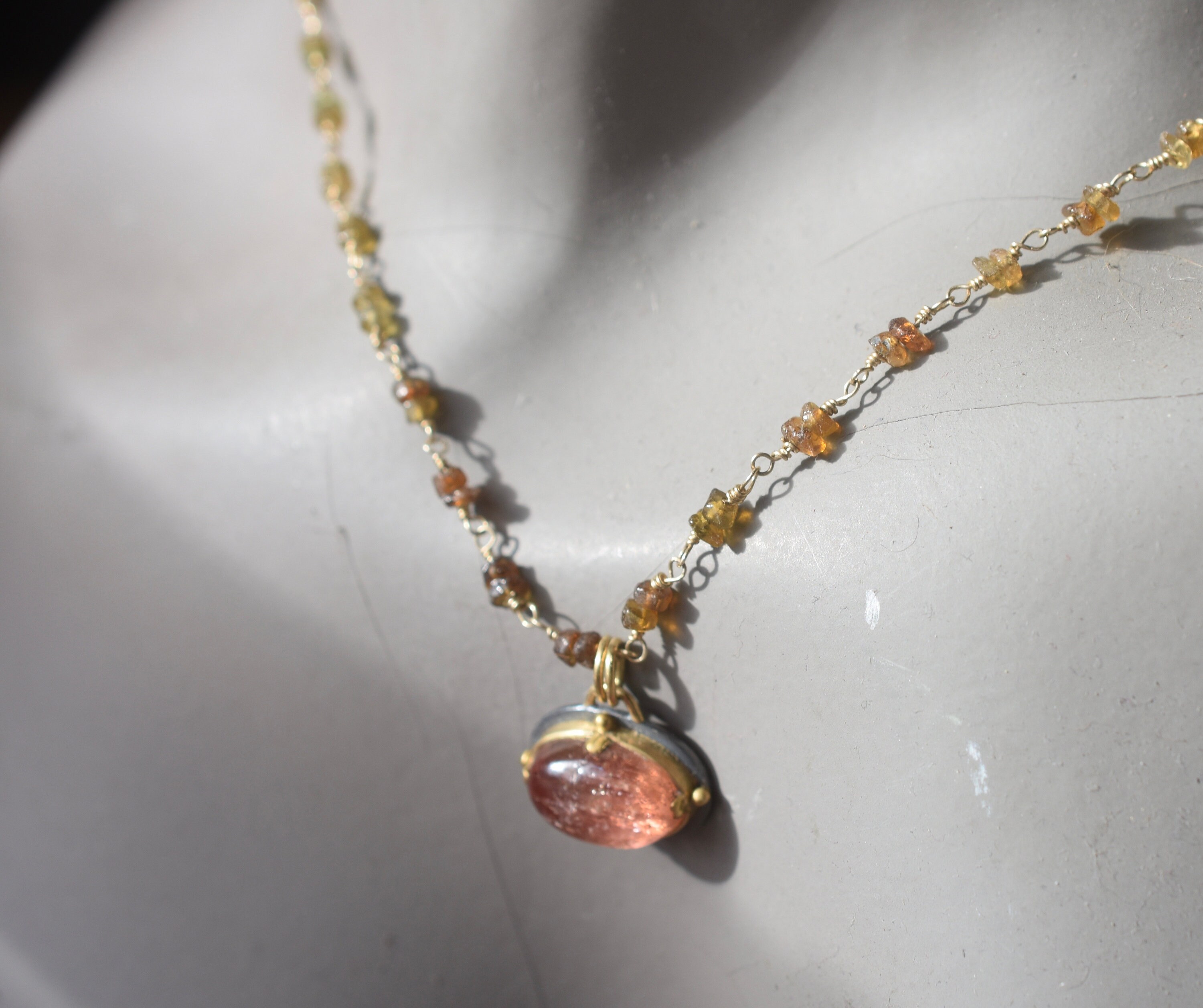 Strawberry Tourmaline Set in 22K Gold and Silver Pendant Suspended From ...