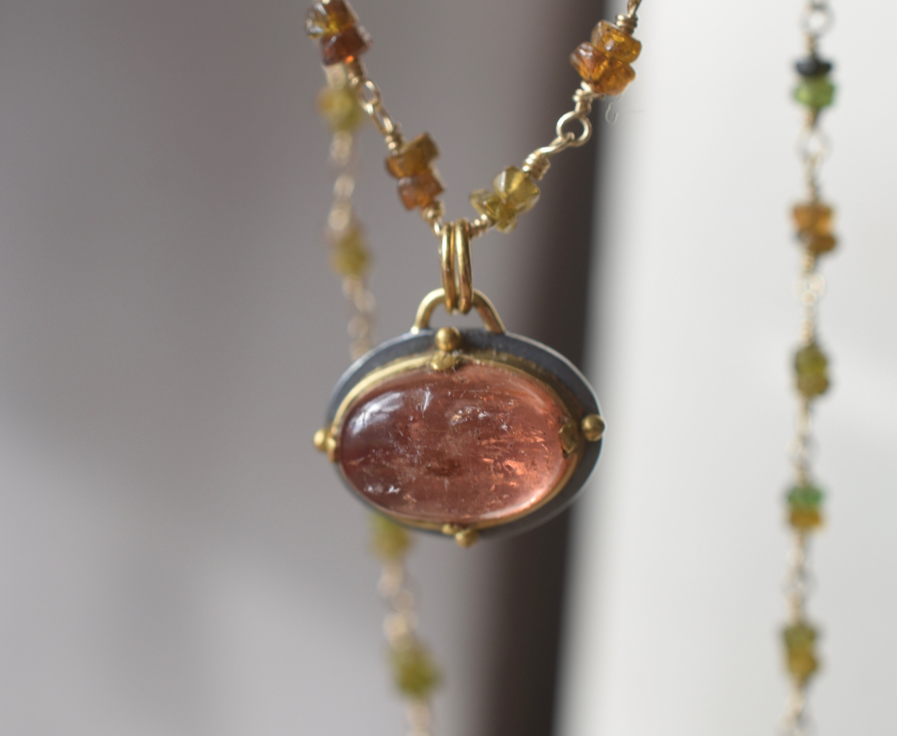 Strawberry Tourmaline Set in 22K Gold and Silver Pendant Suspended From ...
