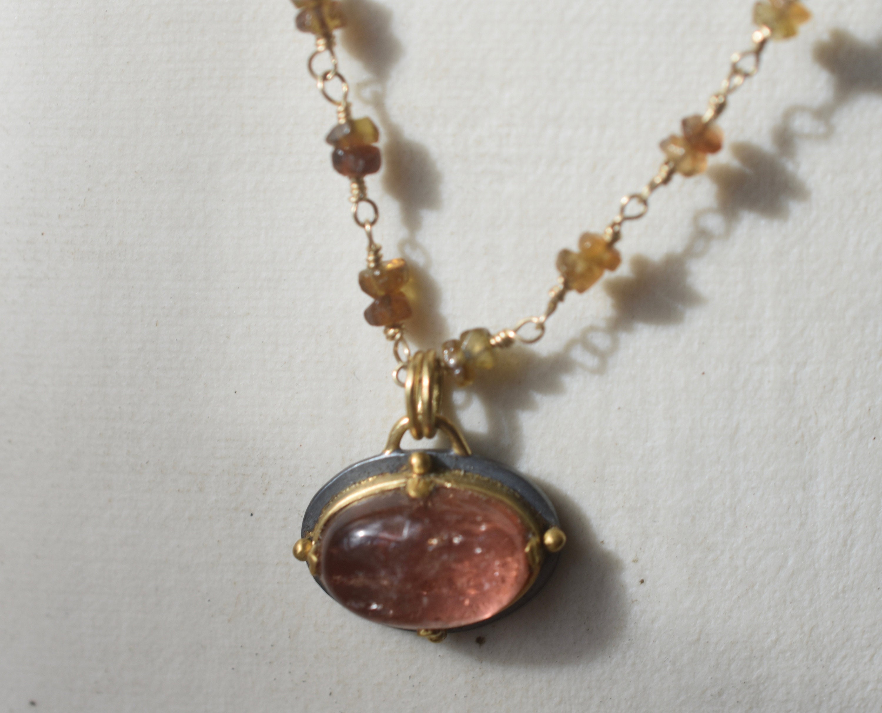 Strawberry Tourmaline Set in 22K Gold and Silver Pendant Suspended From ...