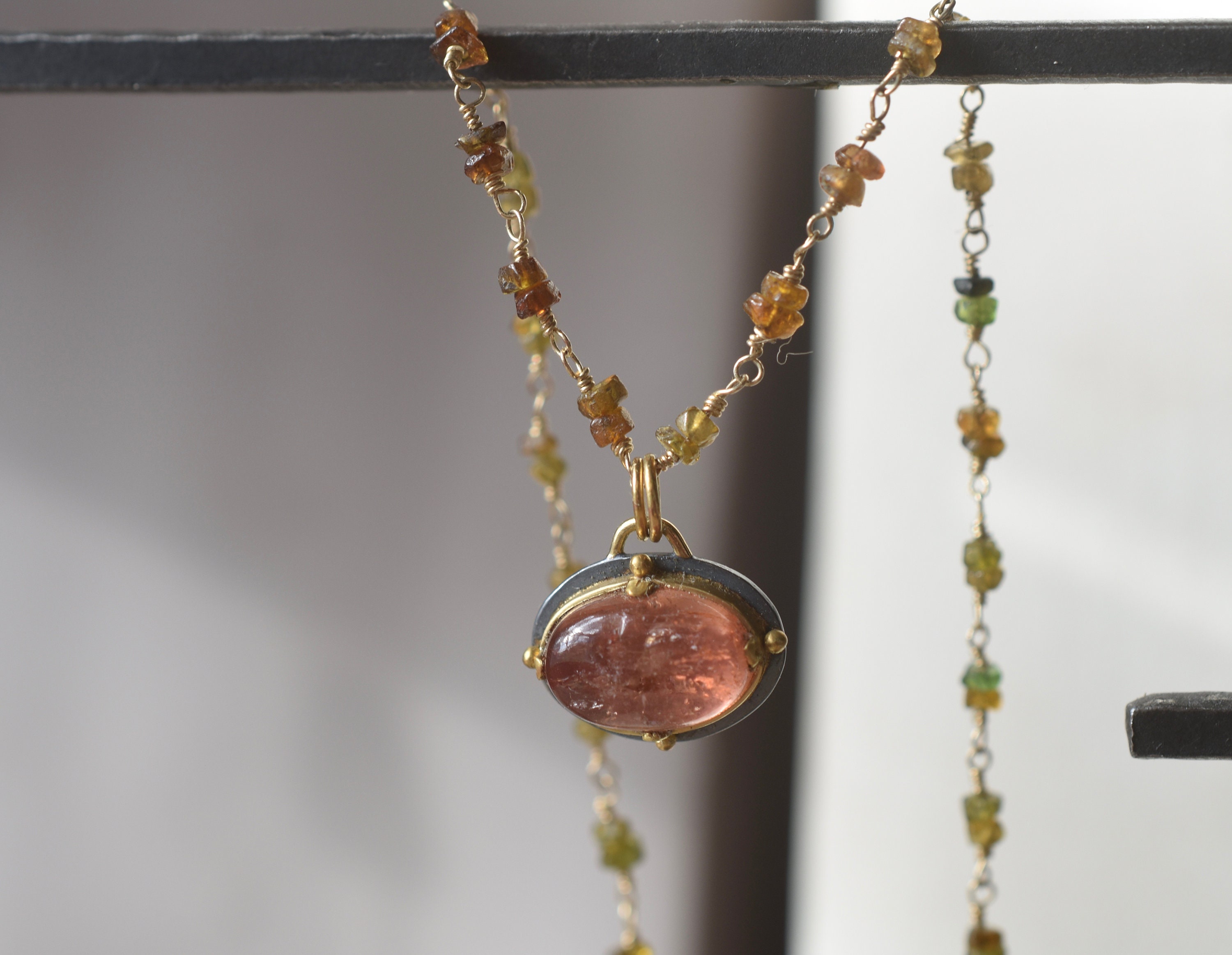 Strawberry Tourmaline Set in 22K Gold and Silver Pendant Suspended From ...