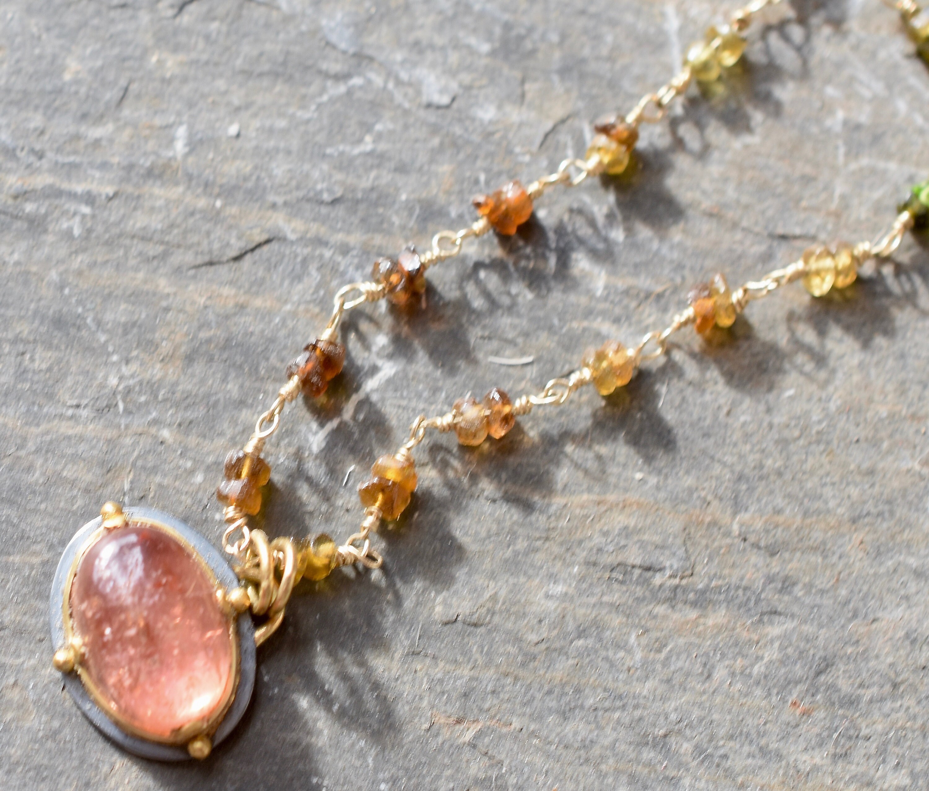 Strawberry Tourmaline Set in 22K Gold and Silver Pendant Suspended From ...