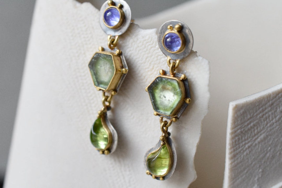 Watermelon Tourmaline, Peridot, Iolite Earrings - Etsy