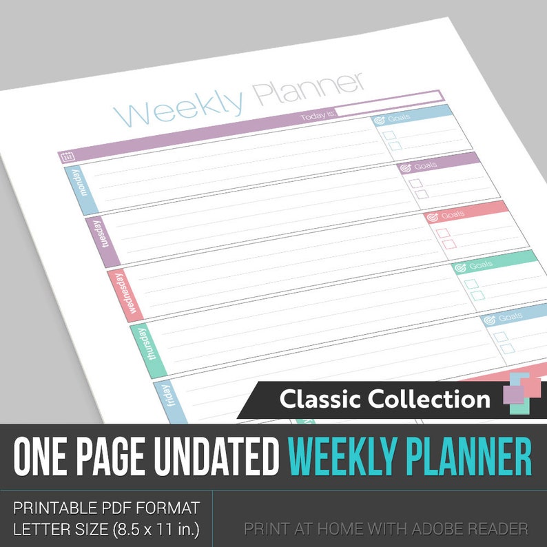 One Page Modern Undated Weekly Planner With Goals - Instant Download ...