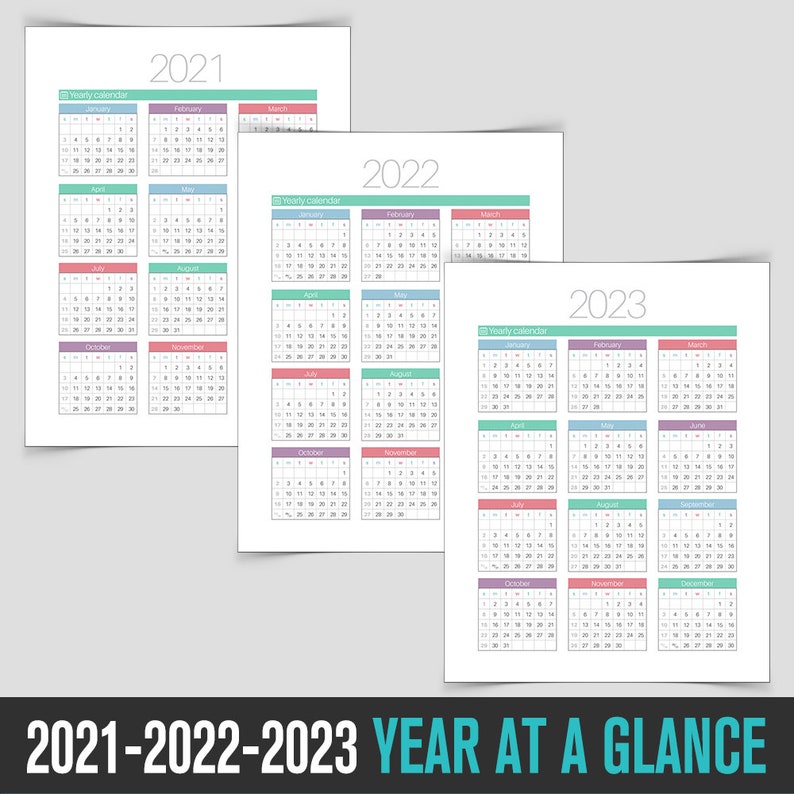 2021 / 2022 / 2023 Year at a Glance Instant Download Ready to Print at ...