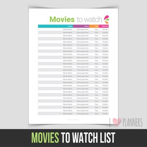 Movies to Watch List Instant Download Editable PDF File, Ready to Edit ...