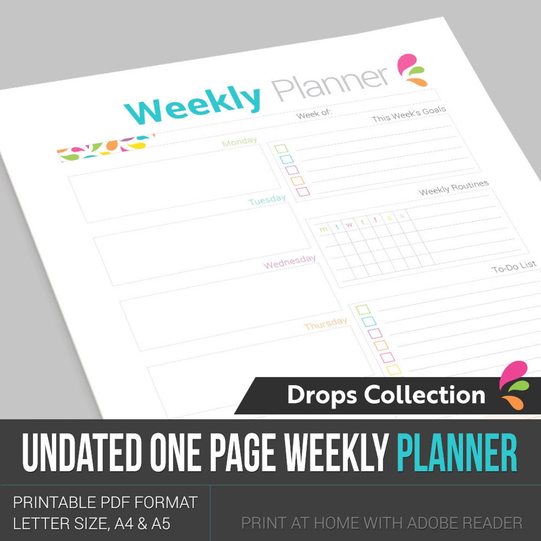 Single Page Undated Weekly Planner - A4 Weekly Planner - A5 Weekly ...
