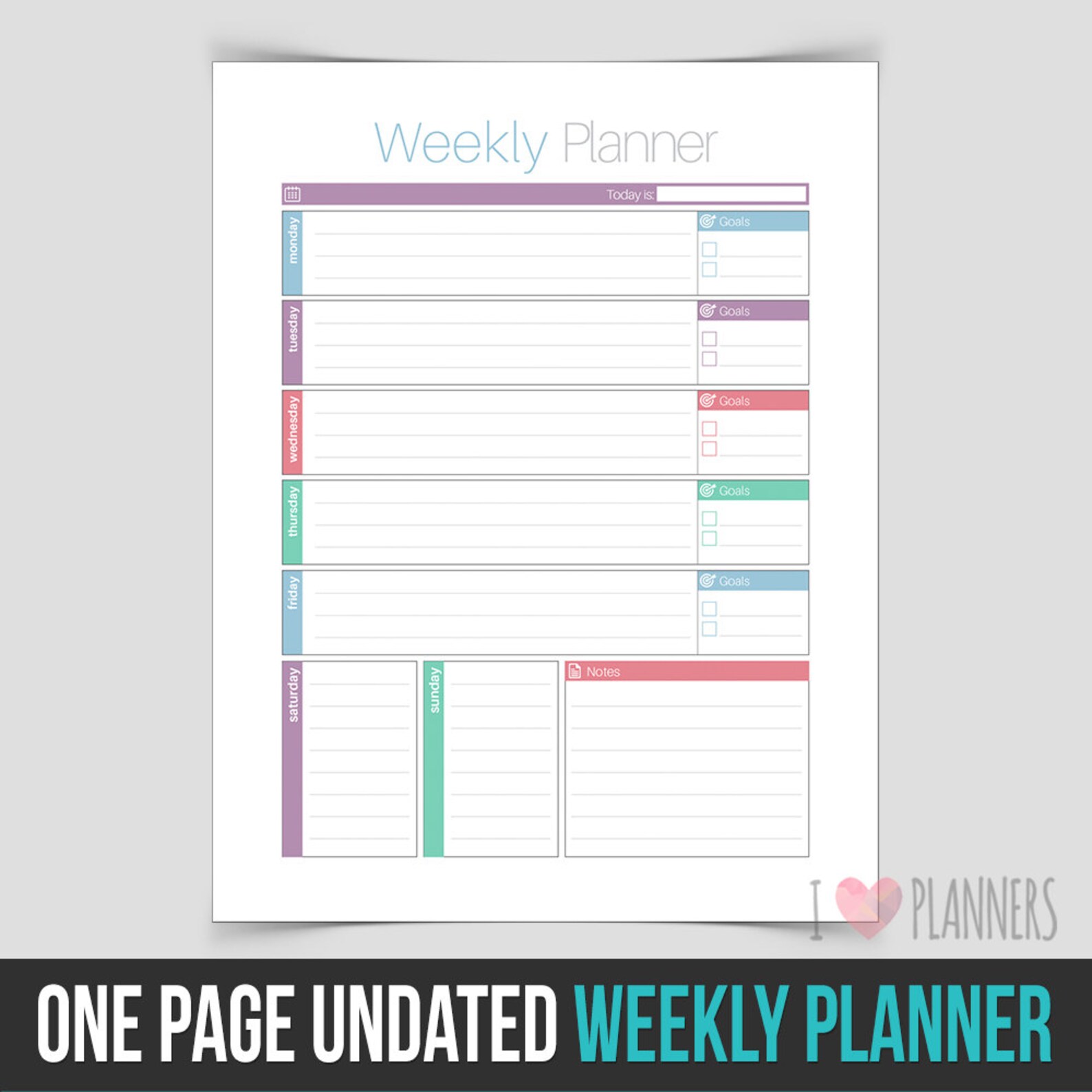 One Page Modern Undated Weekly Planner With Goals - Instant Download ...