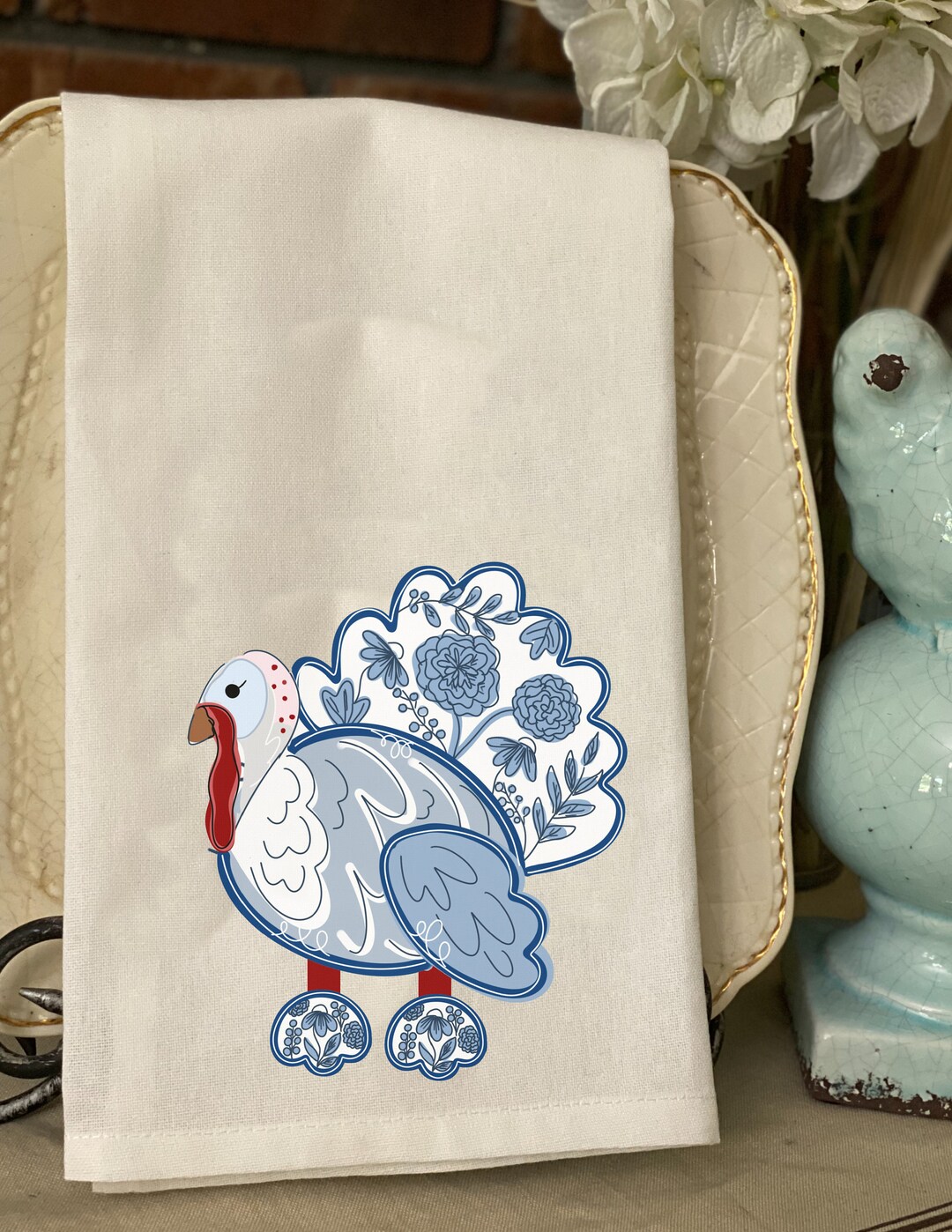 Hostess Gift, Blue and White Turkey, Chinoiserie Turkey, Flour Sack ...