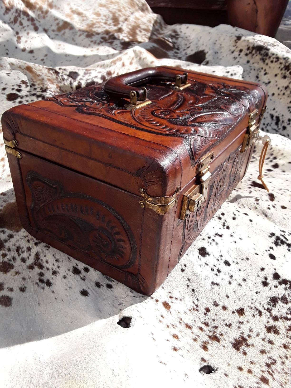 Vintage Tooled Leather Train Case with Key!