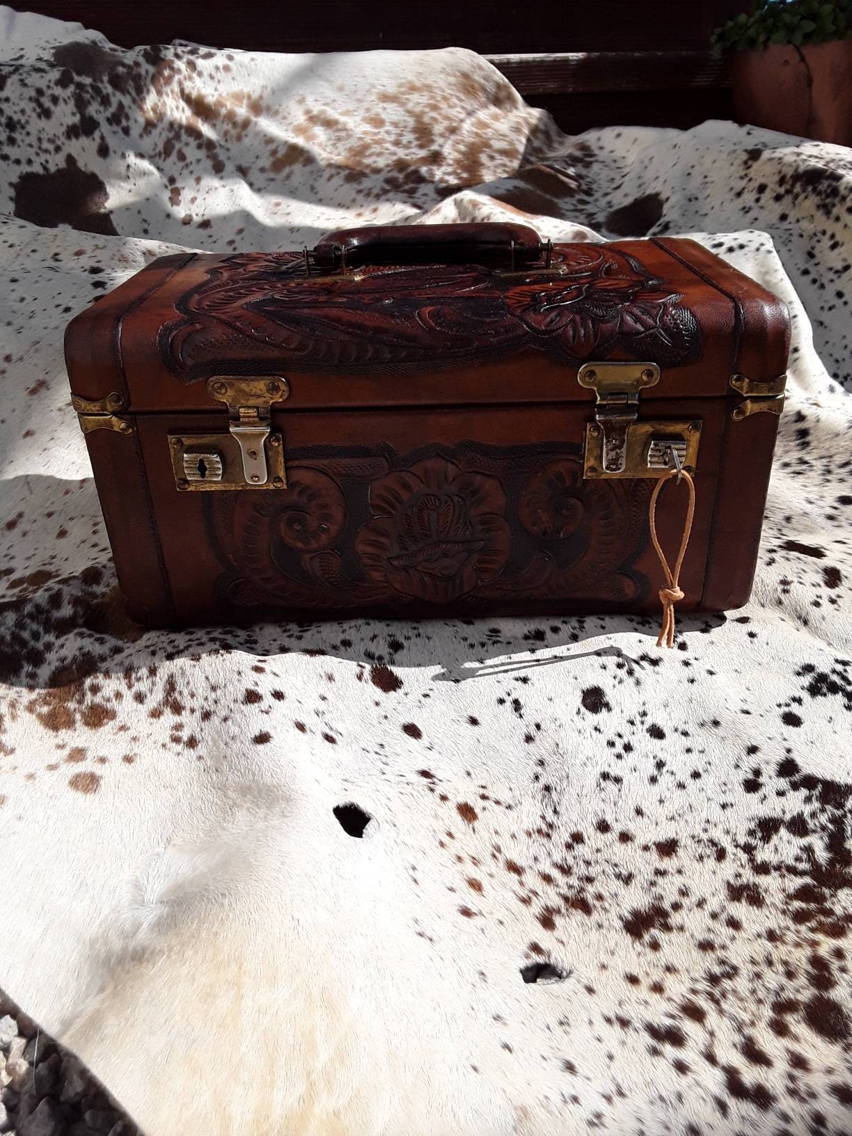 Vintage Tooled Leather Train Case with Key!