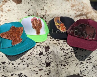 Tooled Leather Elk Patch Trucker Hat Ball Cap - Etsy