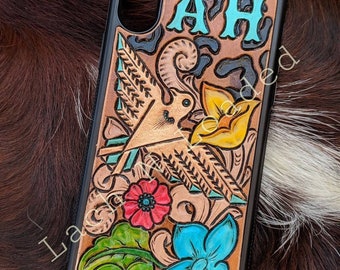 Custom Tooled Leather Thunderbird and Turquoise Phone Case | Etsy