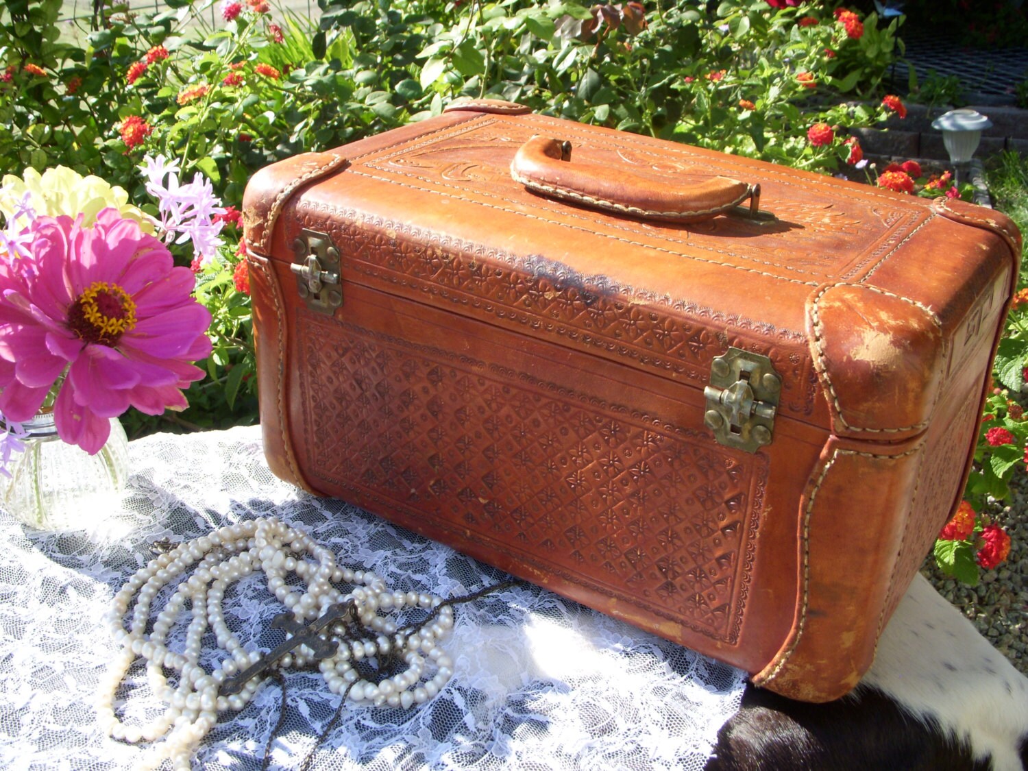 Reserved for Terri- Vintage Tooled Leather Train case for Jewelry or ...