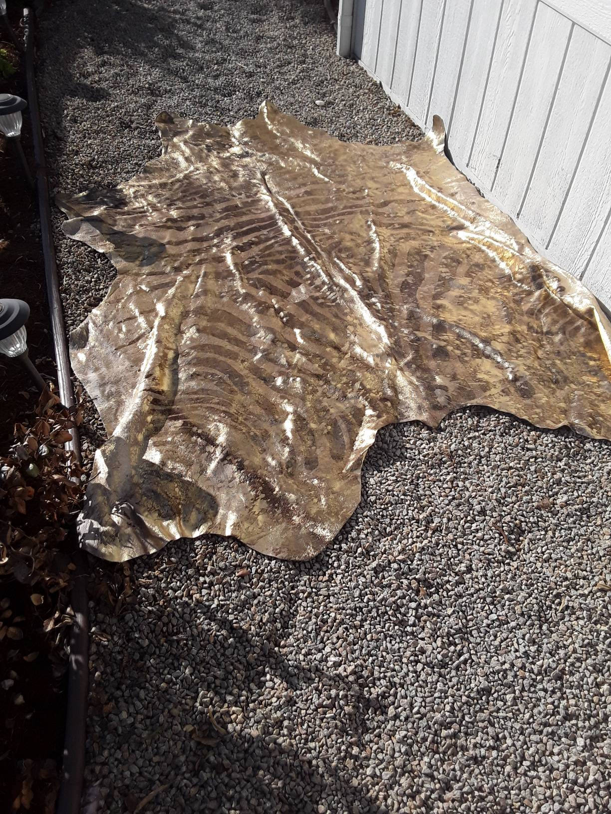 Huge Extra Large Zebra Print Gold Acid Wash Cowhide Rug