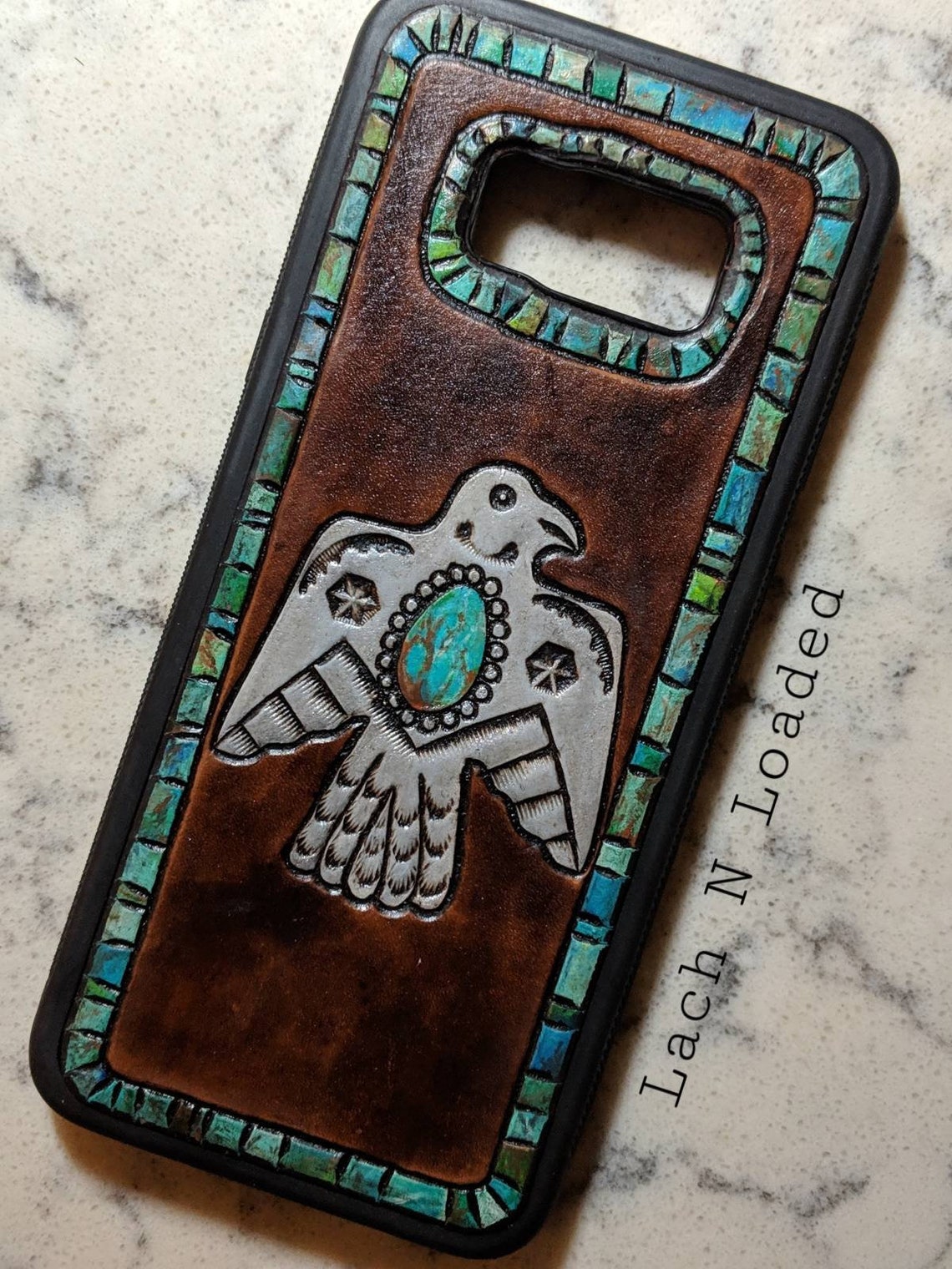 Custom Tooled Leather Thunderbird and Turquoise Phone Case - Etsy