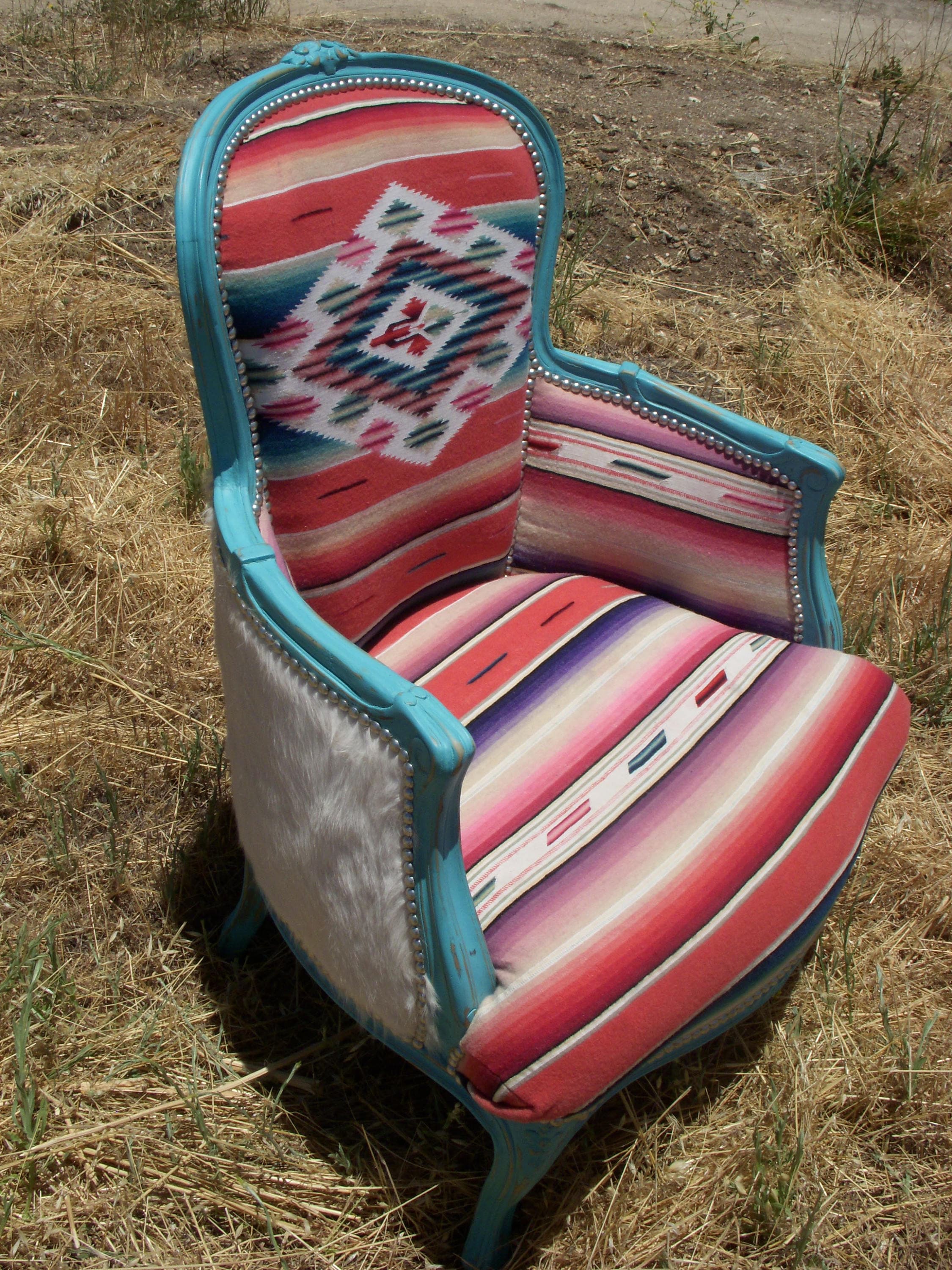 Custom Turquoise and Pink Serape Cowhide Chair