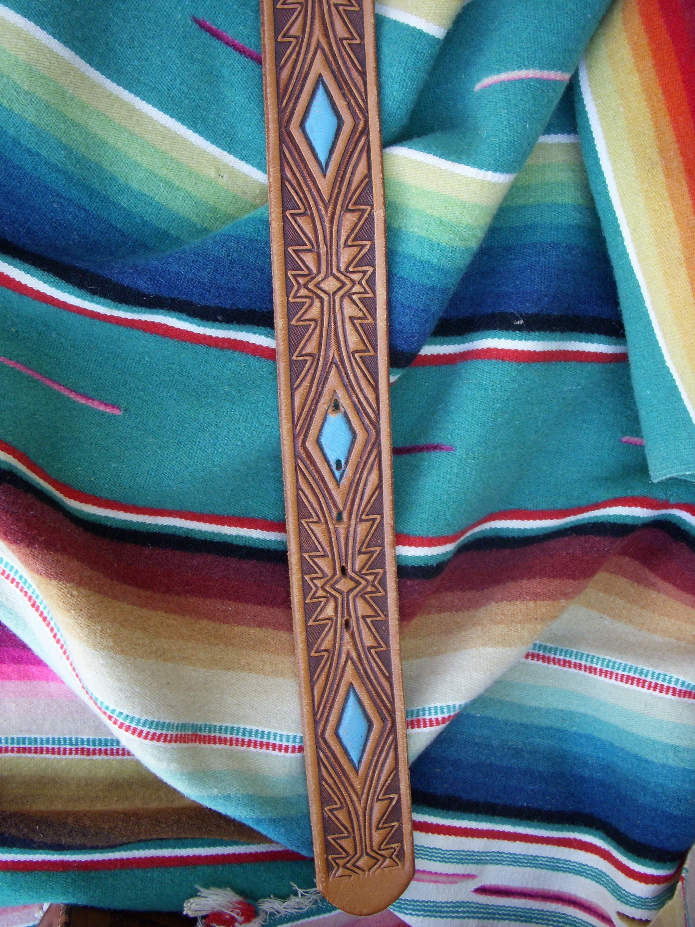 Vintage Tooled Leather Western Aztec Belt with Turquoise
