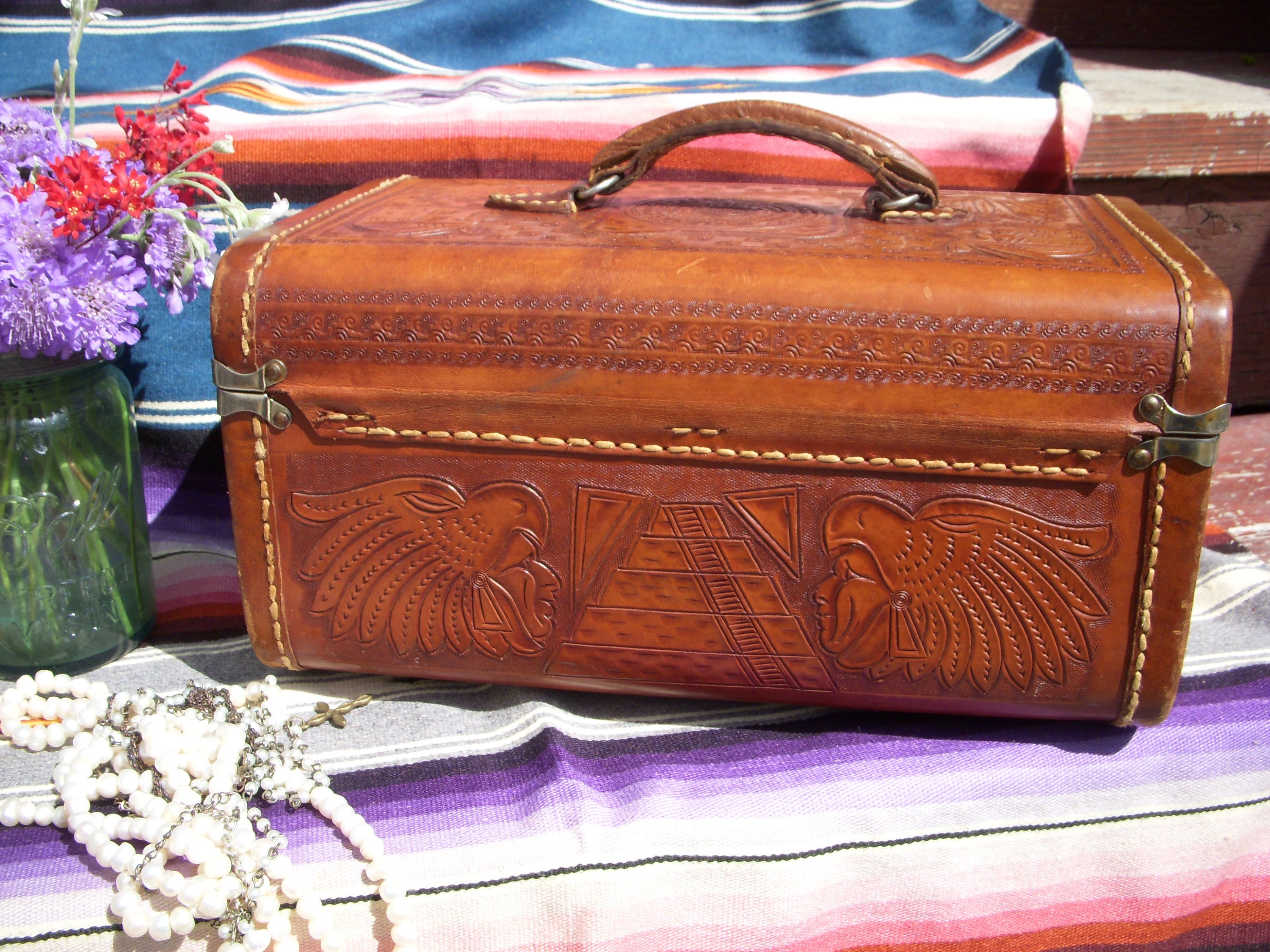 Vintage Tooled Leather Train Case With Key