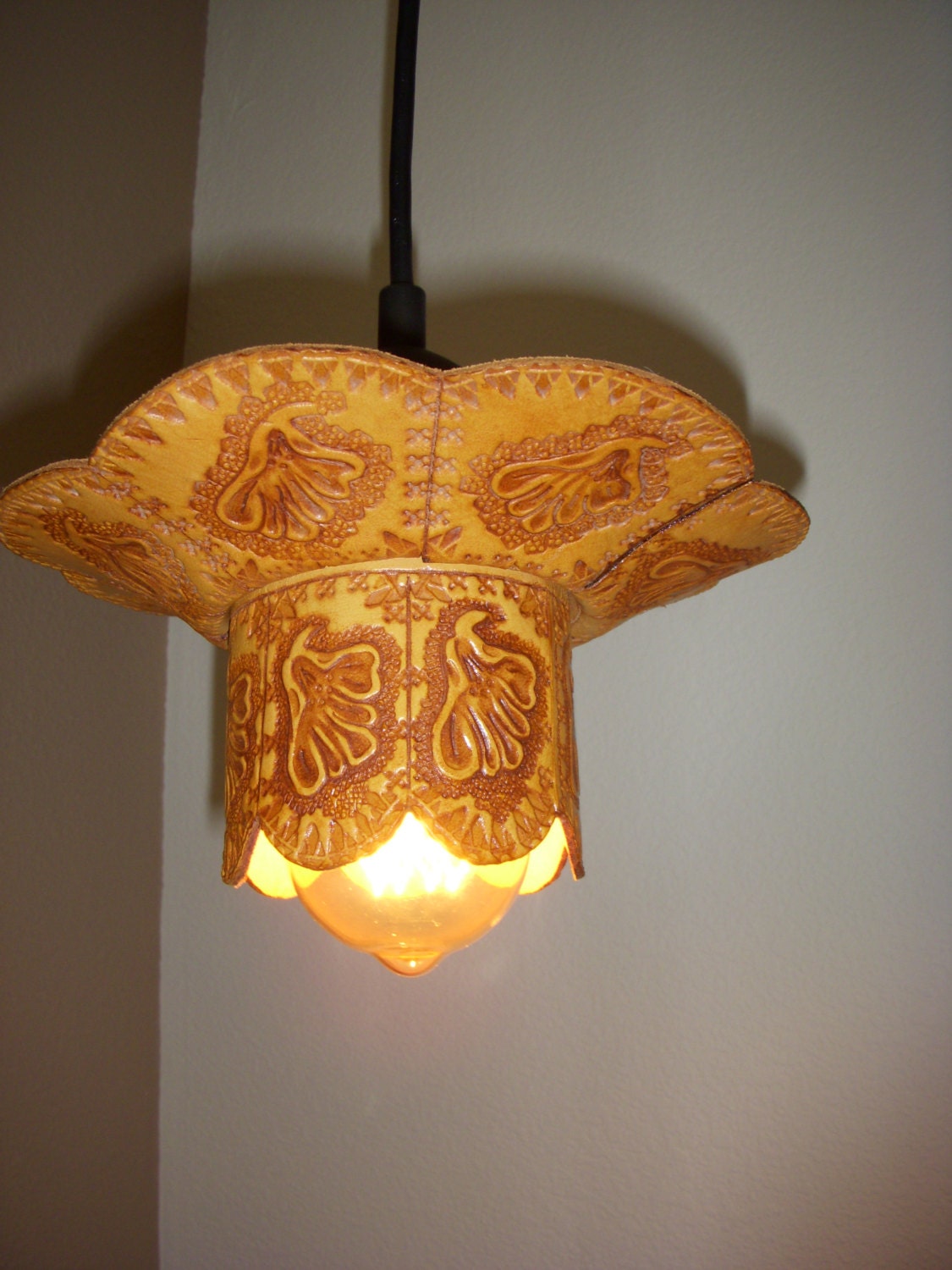 Vintage Rustic Tooled Leather Pendant Light