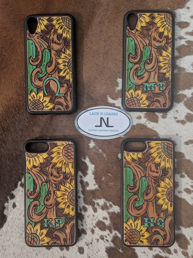 Custom Tooled Leather Phone Case With Cactus and Sunflowers - Etsy