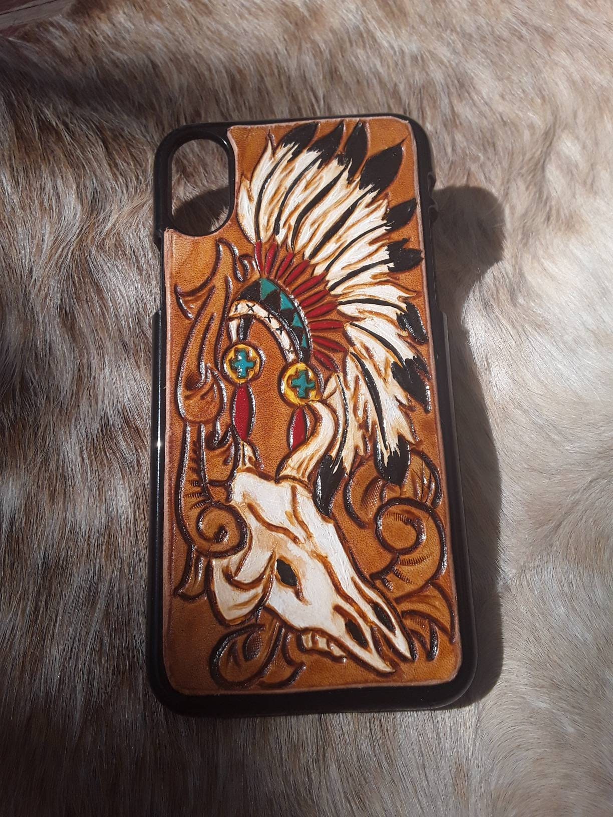 Custom Tooled LeatherHeaddress and Cowskull Cell Phone Case | Etsy