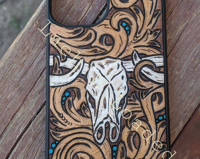 Custom Tooled Leather Longhorn and Scroll Phone Case - Etsy