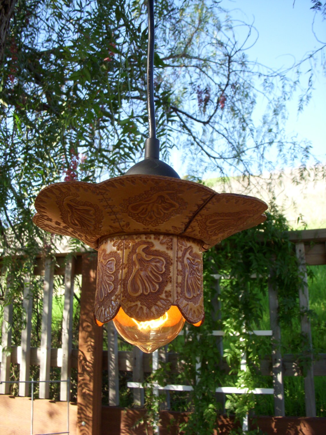 Vintage Rustic Tooled Leather Pendant Light