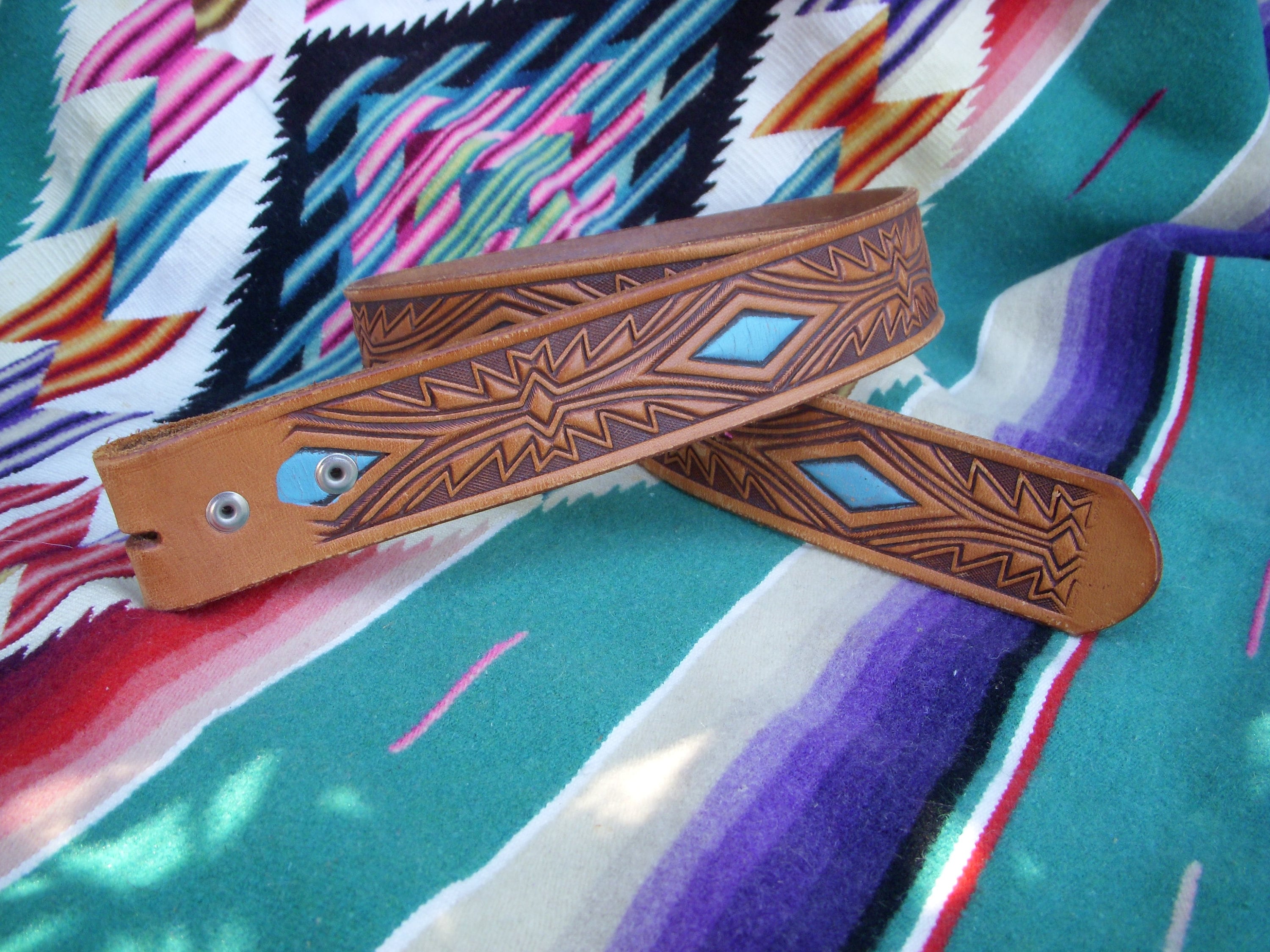 Vintage Tooled Leather Western Aztec Belt with Turquoise