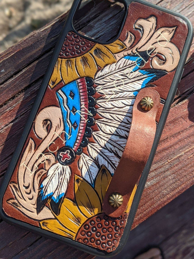 Custom Tooled Leather Native American Headdress Phone Case | Etsy